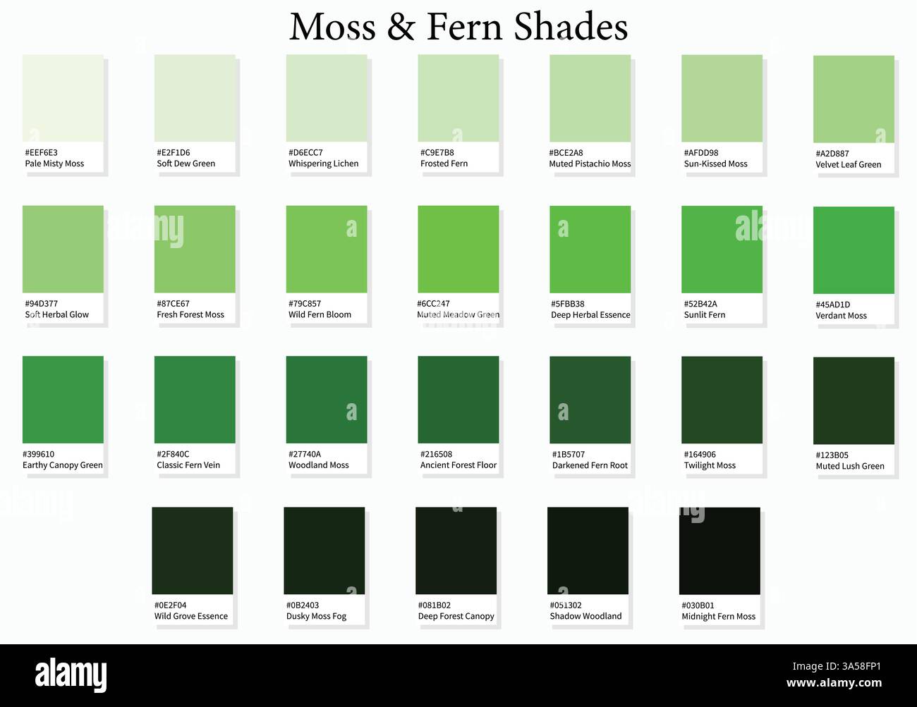 Color Swatches 26 Moss and Fern Shades - 3d Light Faded Greens to Dark ...