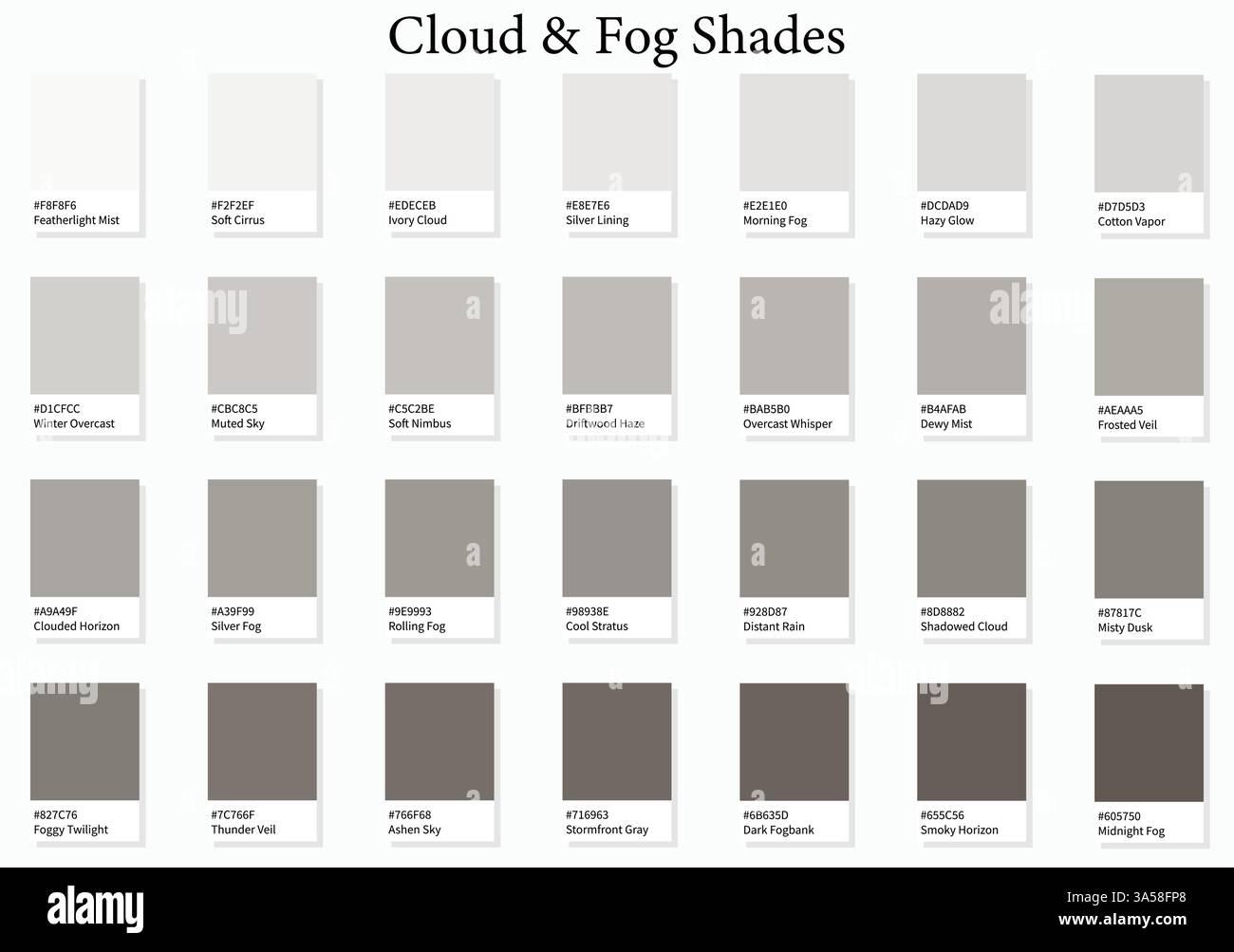Color Palette 28 Cloud and Fog Grey Shades - 3d Light Faded White Gray ...