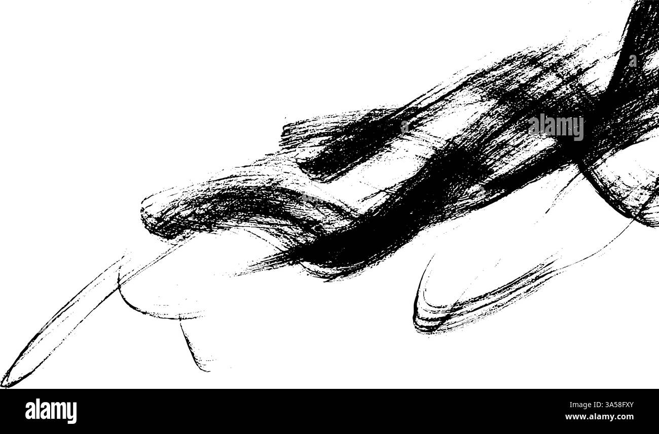 An abstract black and white artwork featuring dynamic brush strokes and fluid lines, creating a ...