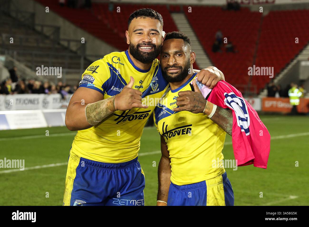 Zane Musgrove of Warrington Wolves and Rodrick Tai of Warrington Wolves ...