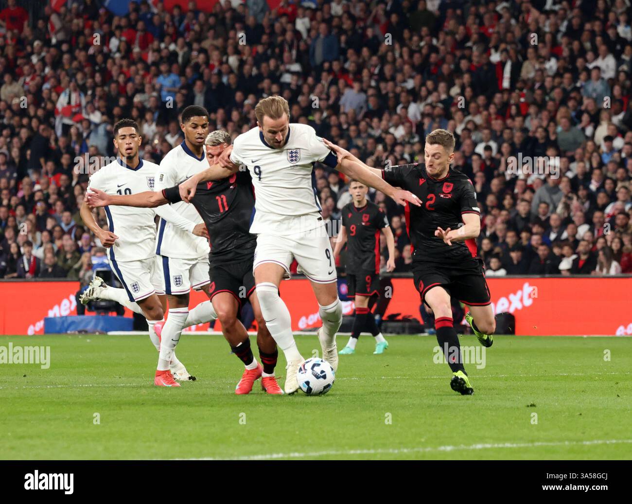 London, UK. 21st Mar, 2025. Myrto Uzuni (A) Harry Kane (E) Ivan Balliu ...