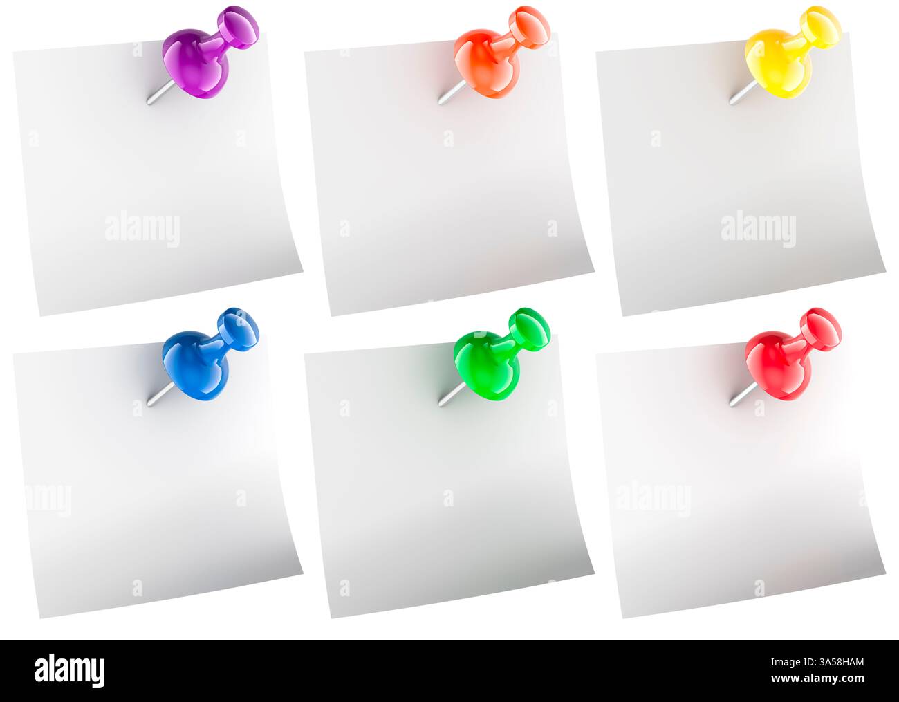 Blank white notes papers with colored push pins, 3D rendering isolated ...