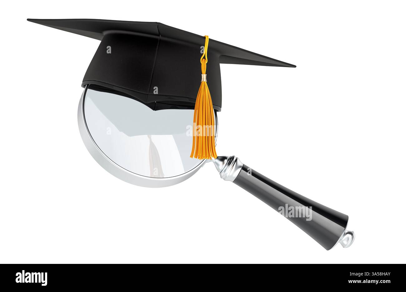 Square academic cap, graduate cap with magnifier. 3D rendering isolated ...