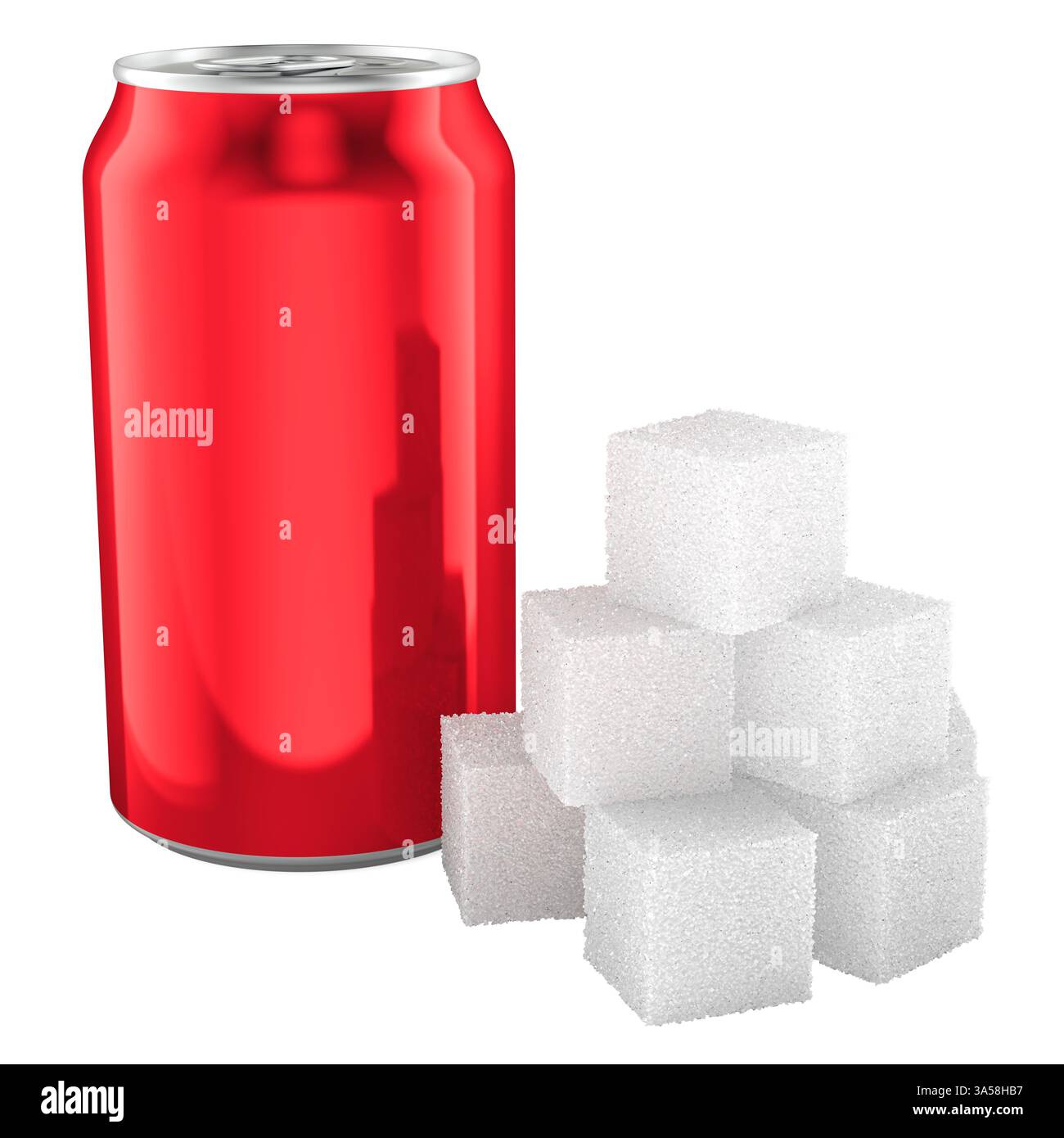 Sugar cubes with red metal drink can. 3D rendering isolated on white ...