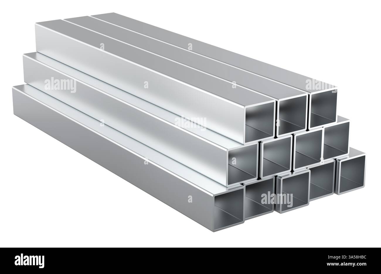 Steel Square Hollow Section Pipe. Rolled metal, square pipes. 3D rendering isolated on white ...