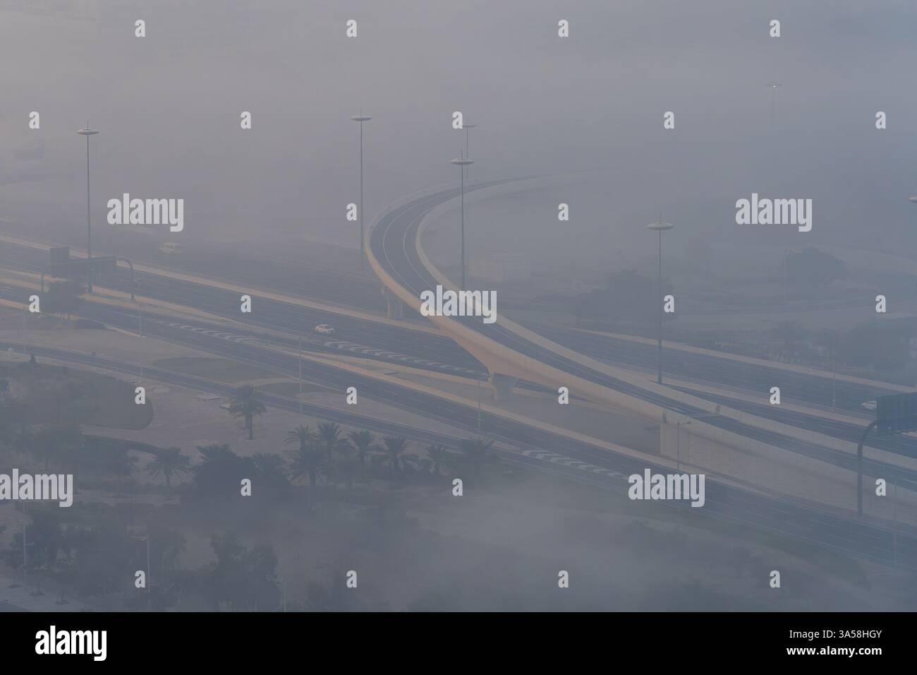 Lusail, Qatar - February 24, 2025: A fog-covered highway in Lusail ...