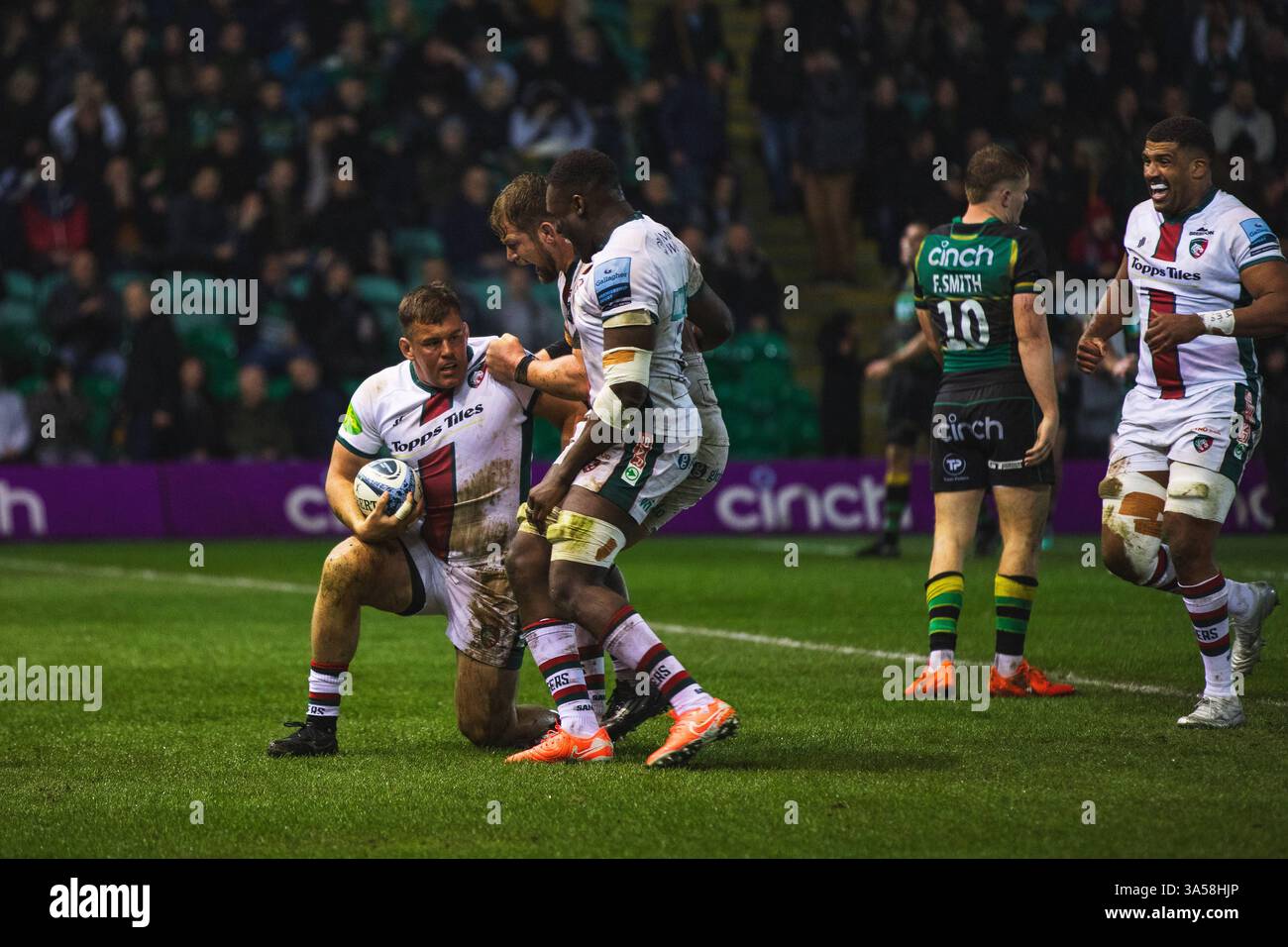 Charlie Claire celebrates with his team after scoring Leicesters fourth ...