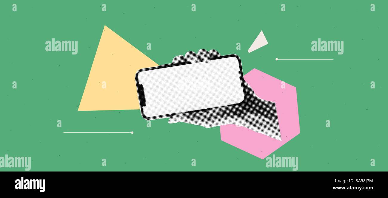 Geometric abstract bg with halftone collage elements. Hand hold phone with empty screen. App ...
