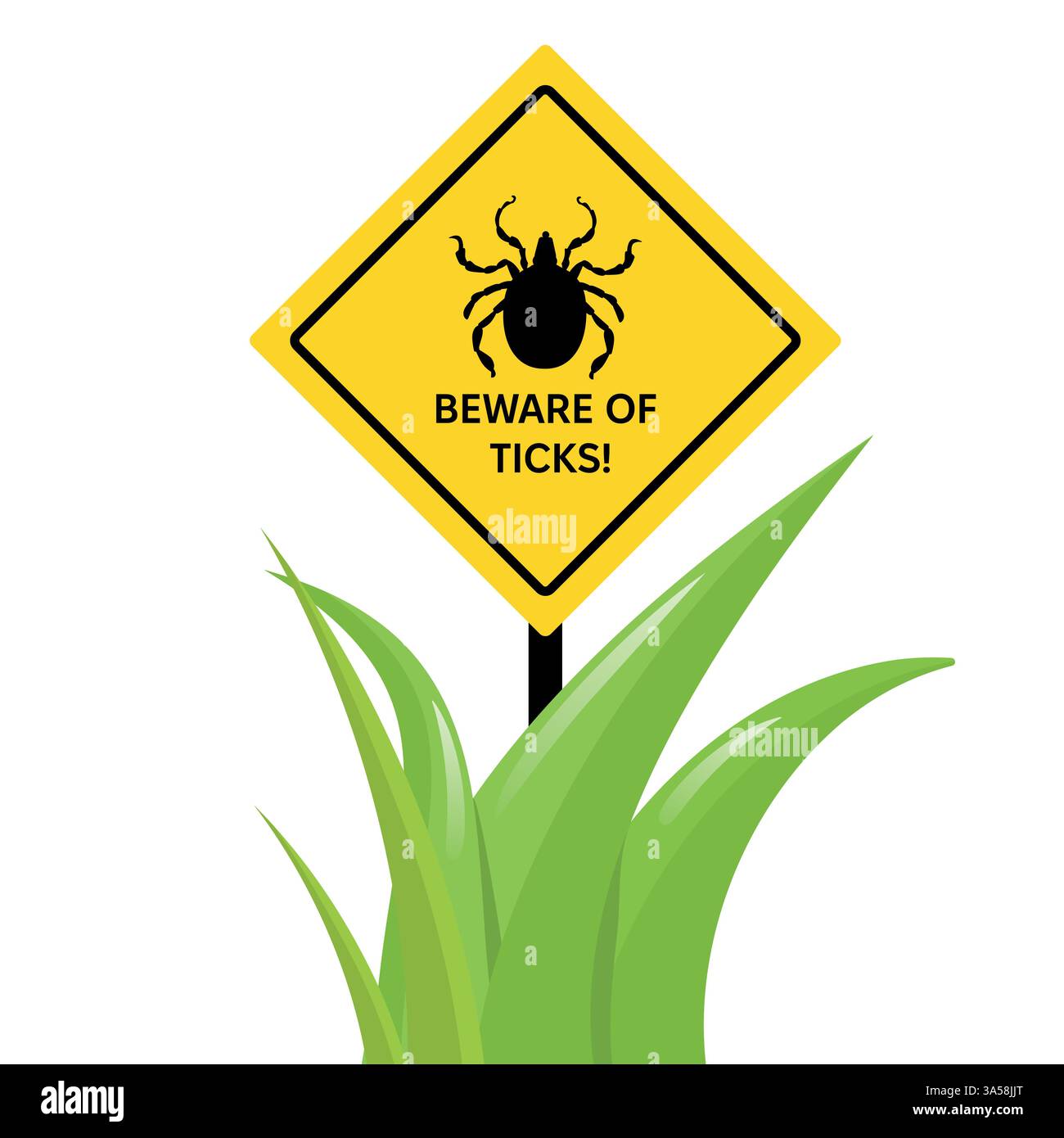 A caution sign warning about mites. Yellow sign with tick silhouette ...