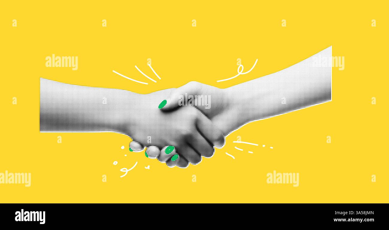 A collage banner with a handshake theme. Women's hands make a deal ...