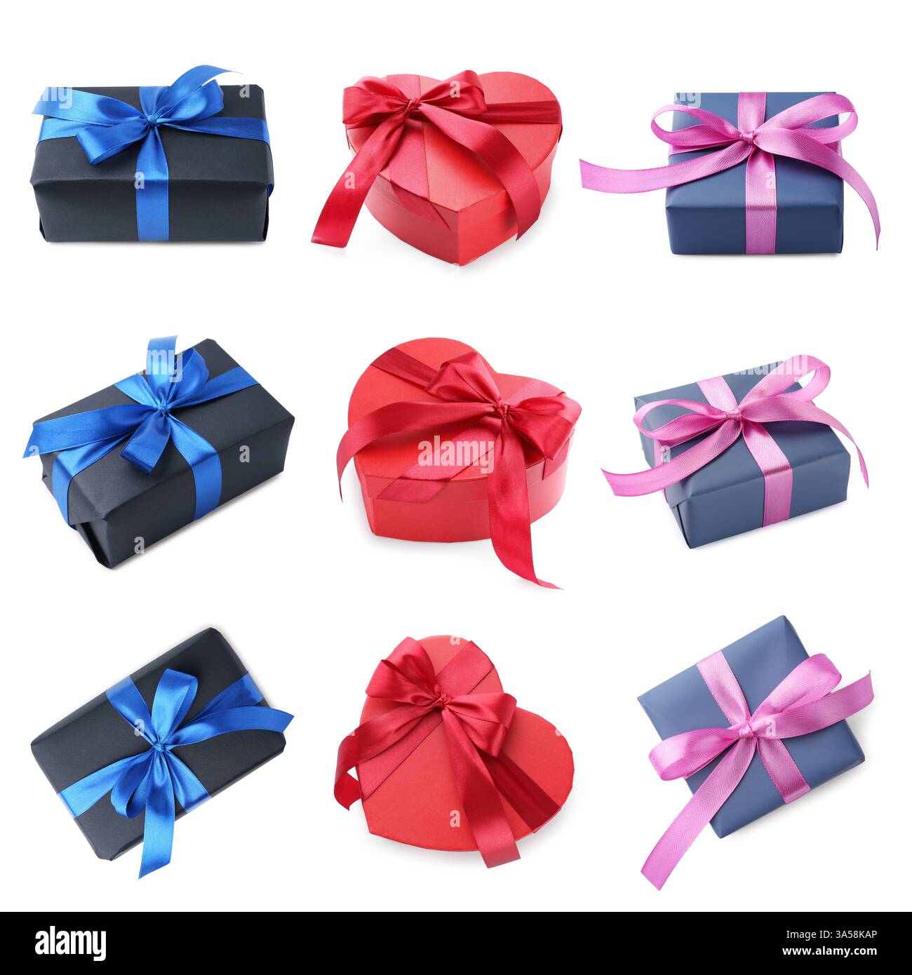 Different gift boxes with ribbon bows on white background, collage. Top ...