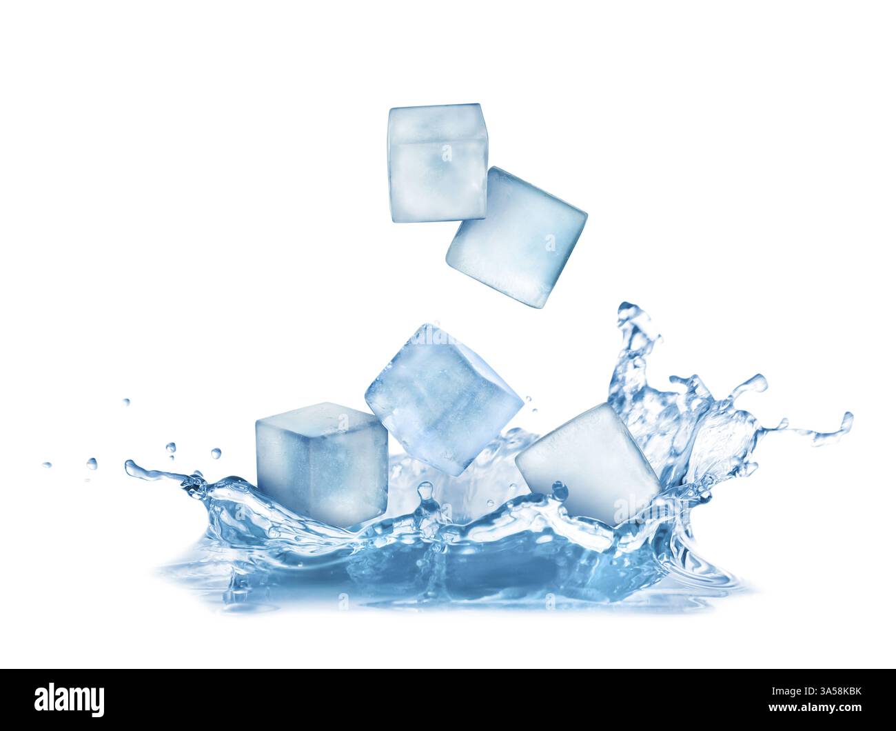 Ice cubes falling into water on white background Stock Photo - Alamy