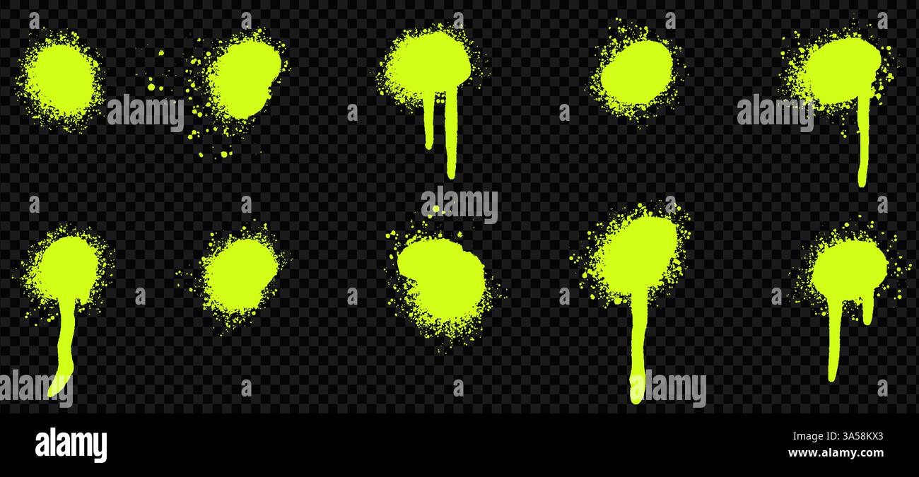 Vector set of acid spray paint splatter and drip effects. Green ...