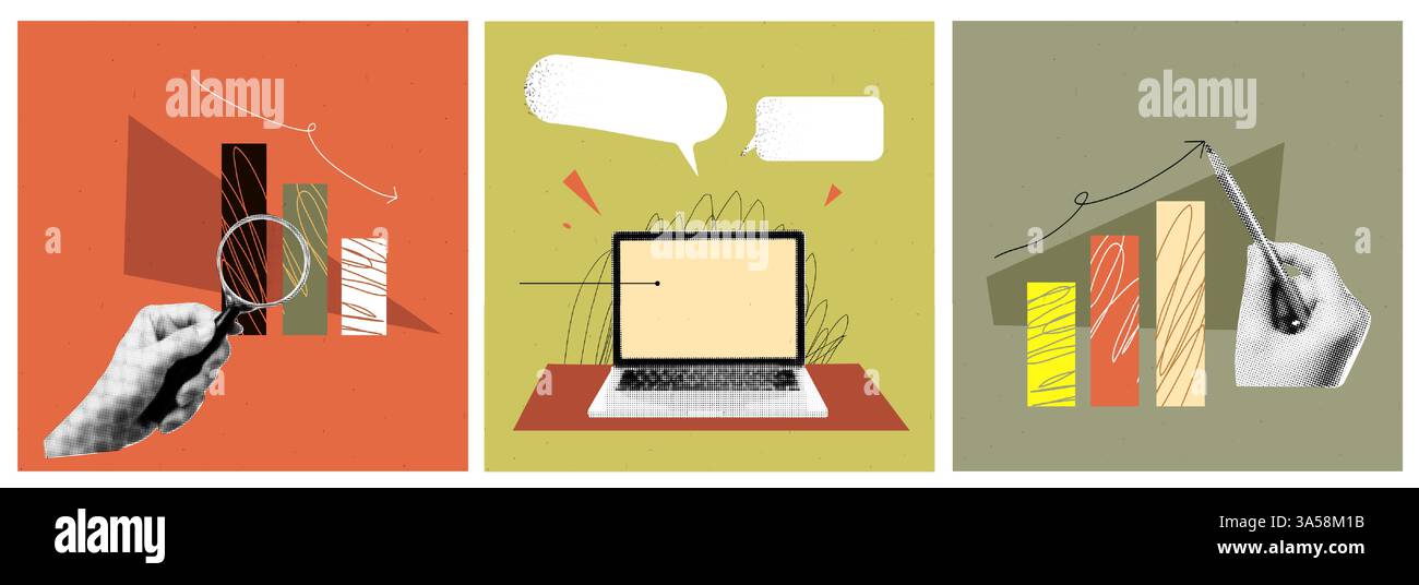 Set of three square illustration of the theme of finance. Down and up ...