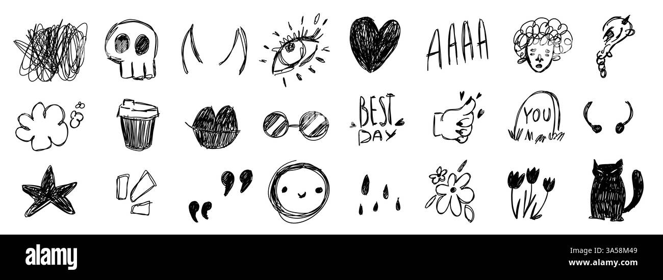 Set of grunge vector illustrations drawn with pencil. Punk doodle icons ...
