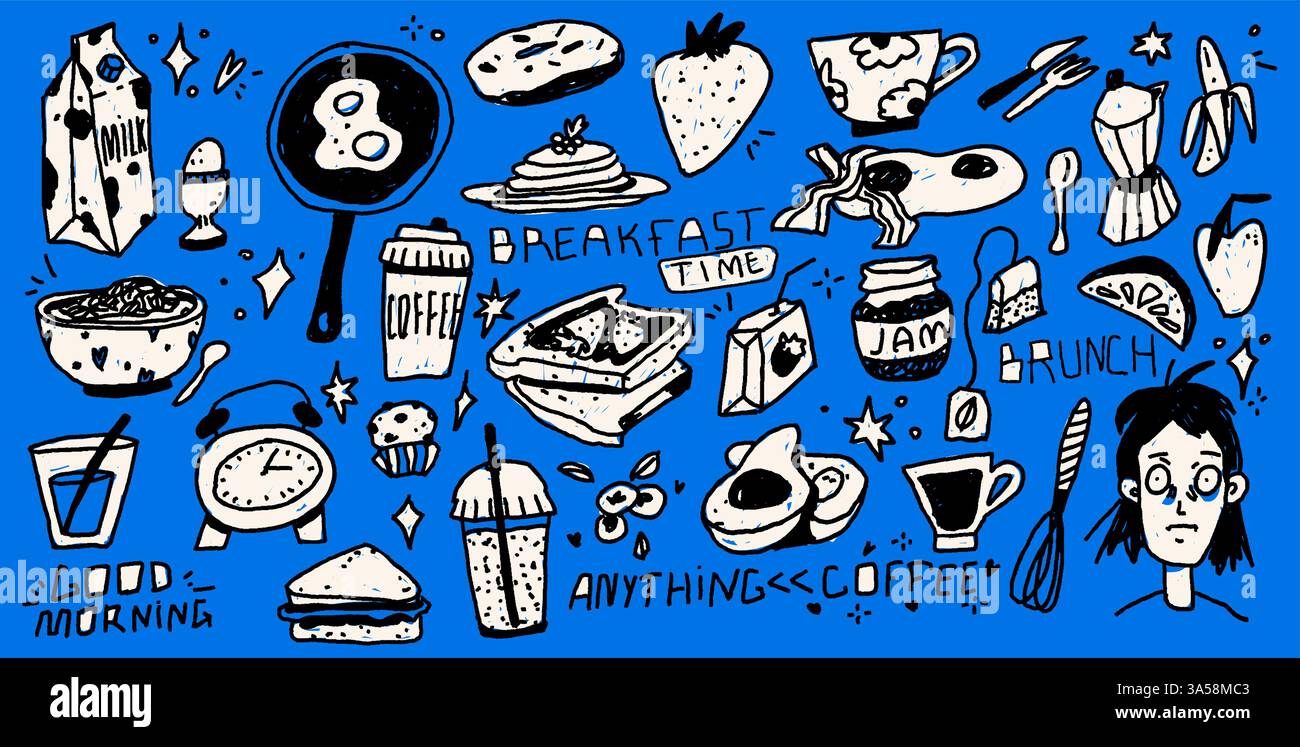 squiggle Doodles set. Scribble ellements about breakfast. Food icons ...