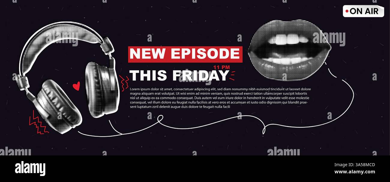 A banner for a true crime podcast theme. Open mouth and headphones with ...