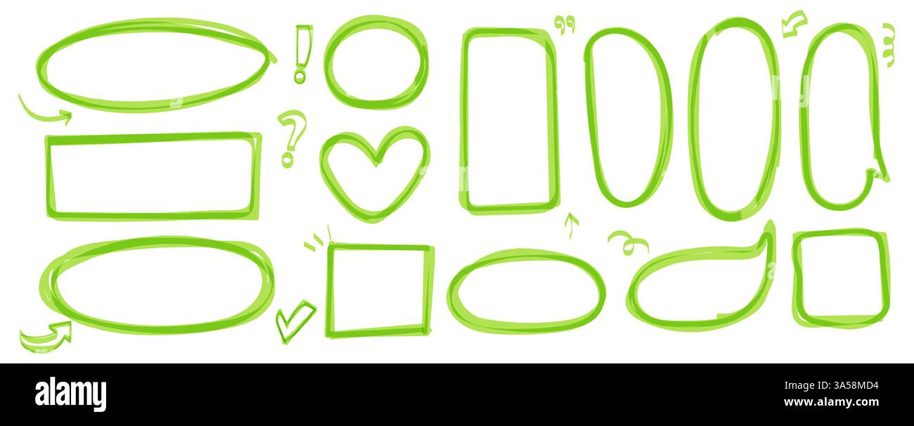 Set of green marker highlight. Pen mark line and brush stroke in shape ...