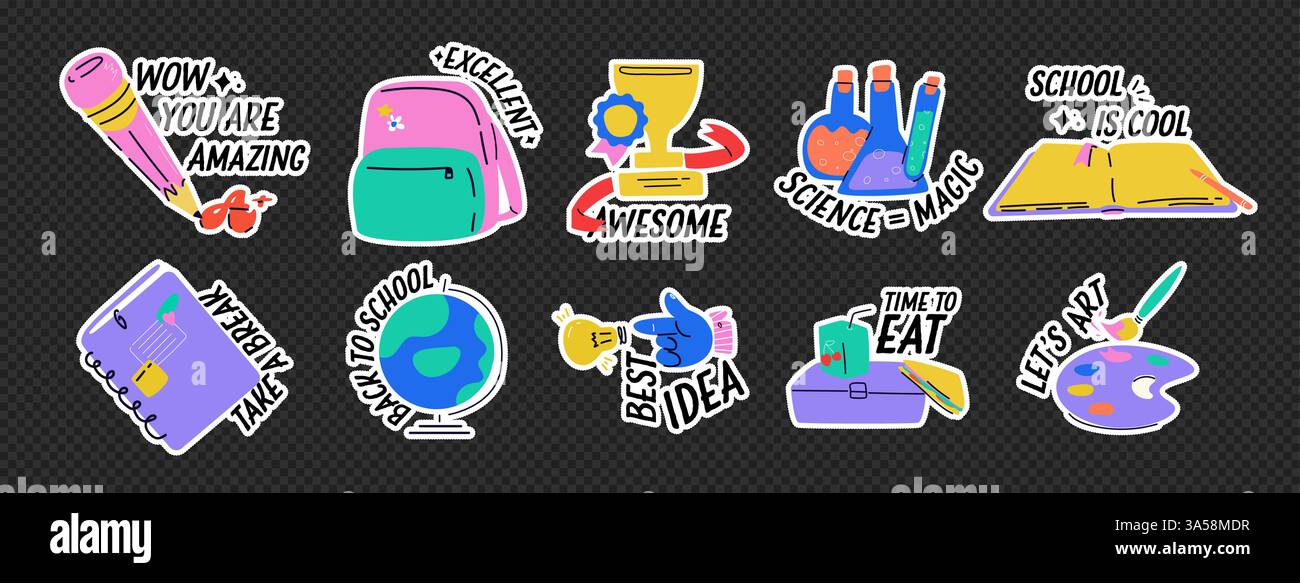 A set of modern back-to-school-themed stickers. Motivational phrases ...