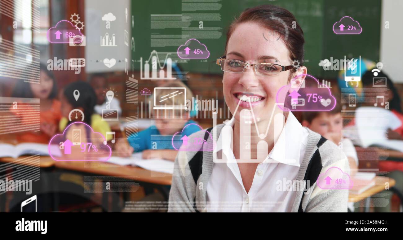 In school, smiling teacher with digital data graphics overlay in ...