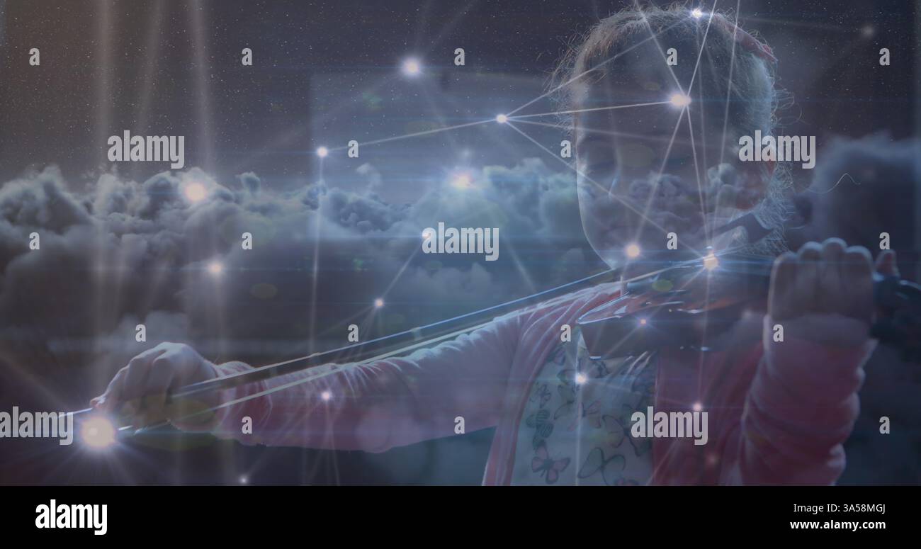 Playing violin, child with digital network overlay, creating futuristic ...