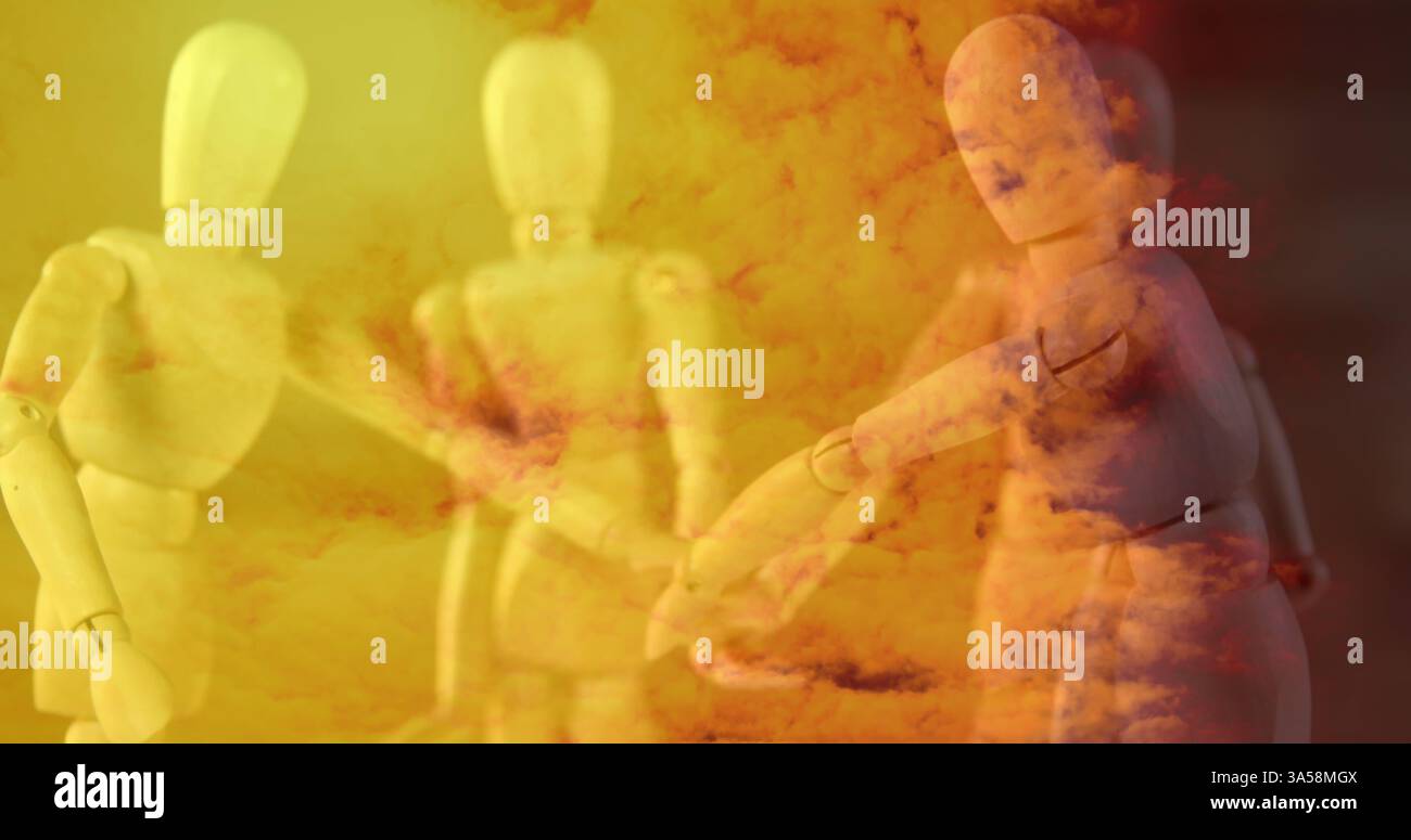 Wooden mannequins shaking hands in abstract orange and yellow cloud ...