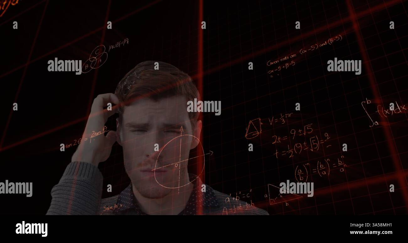 Confused man solving complex math equations on virtual screen, deep in ... Confused man solving complex math equations on virtual screen, deep in ...
