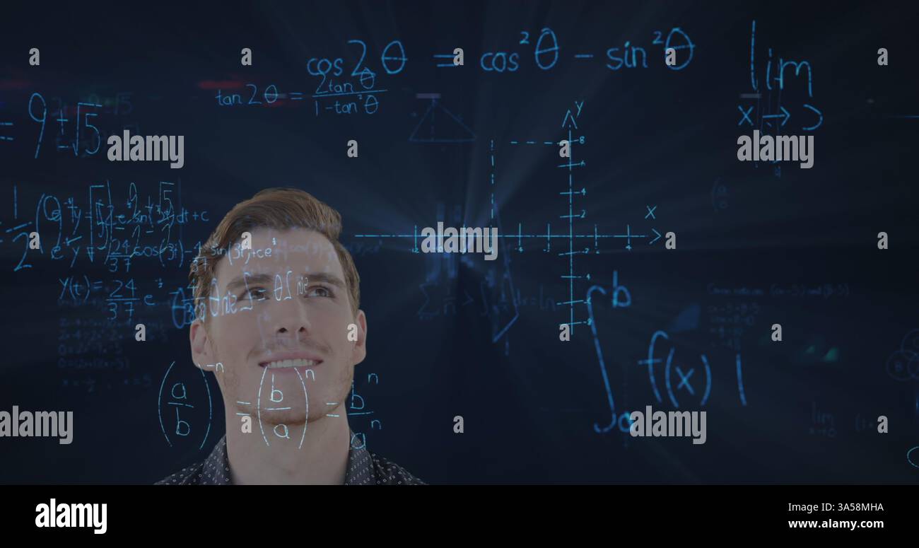 Contemplating mathematical equations and graphs, man focusing on ...