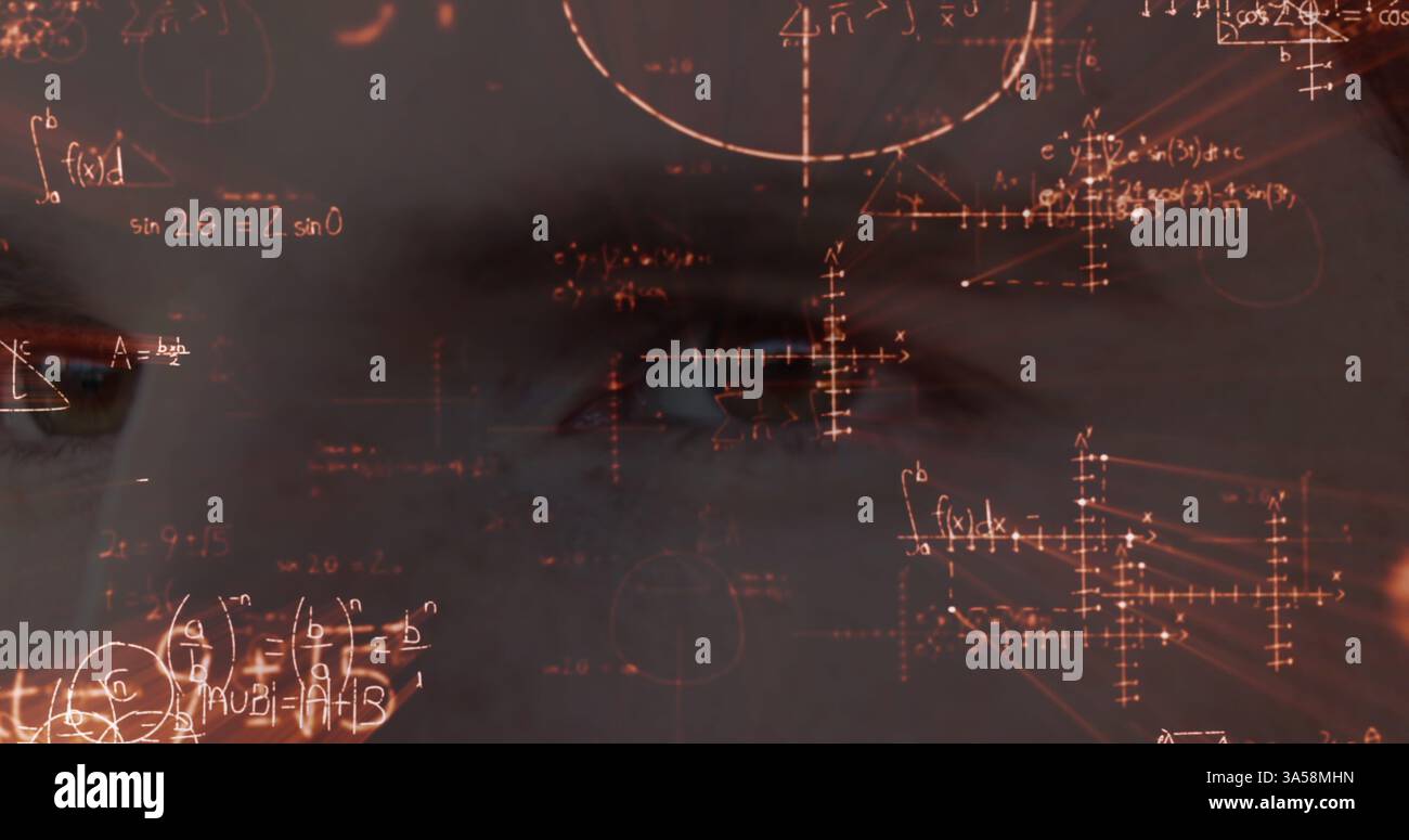 Observing complex mathematical equations and graphs, focused eyes in ...