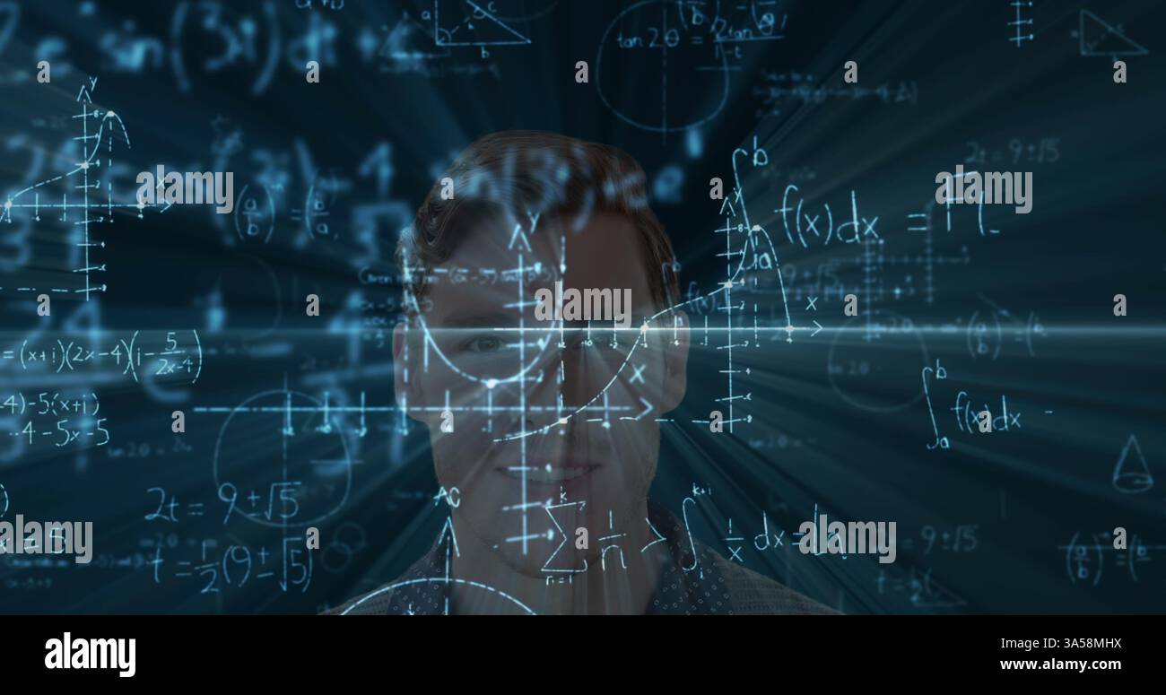 Focusing on complex calculations, man surrounded by mathematical ...