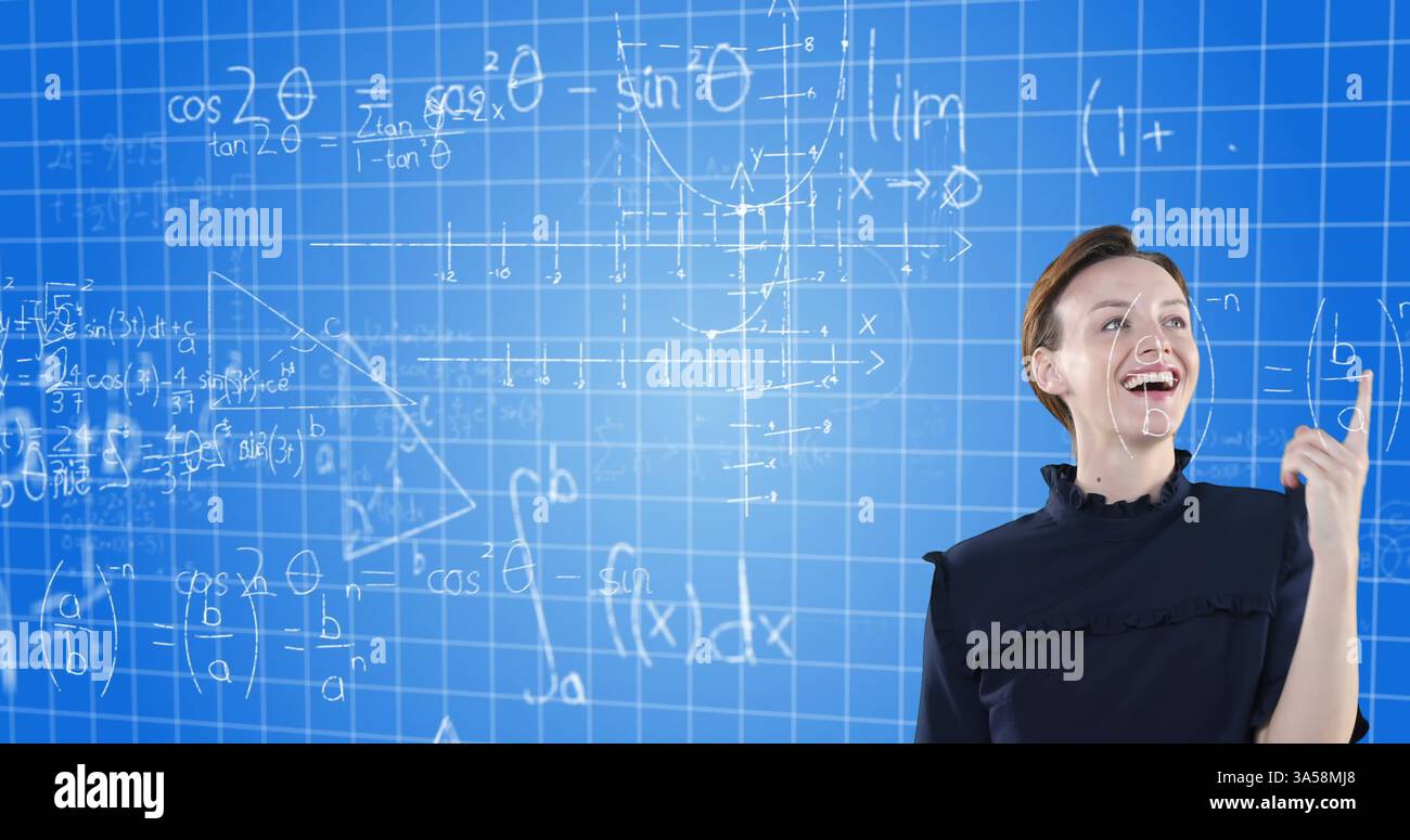 Explaining complex mathematical equations, woman using virtual board in ...