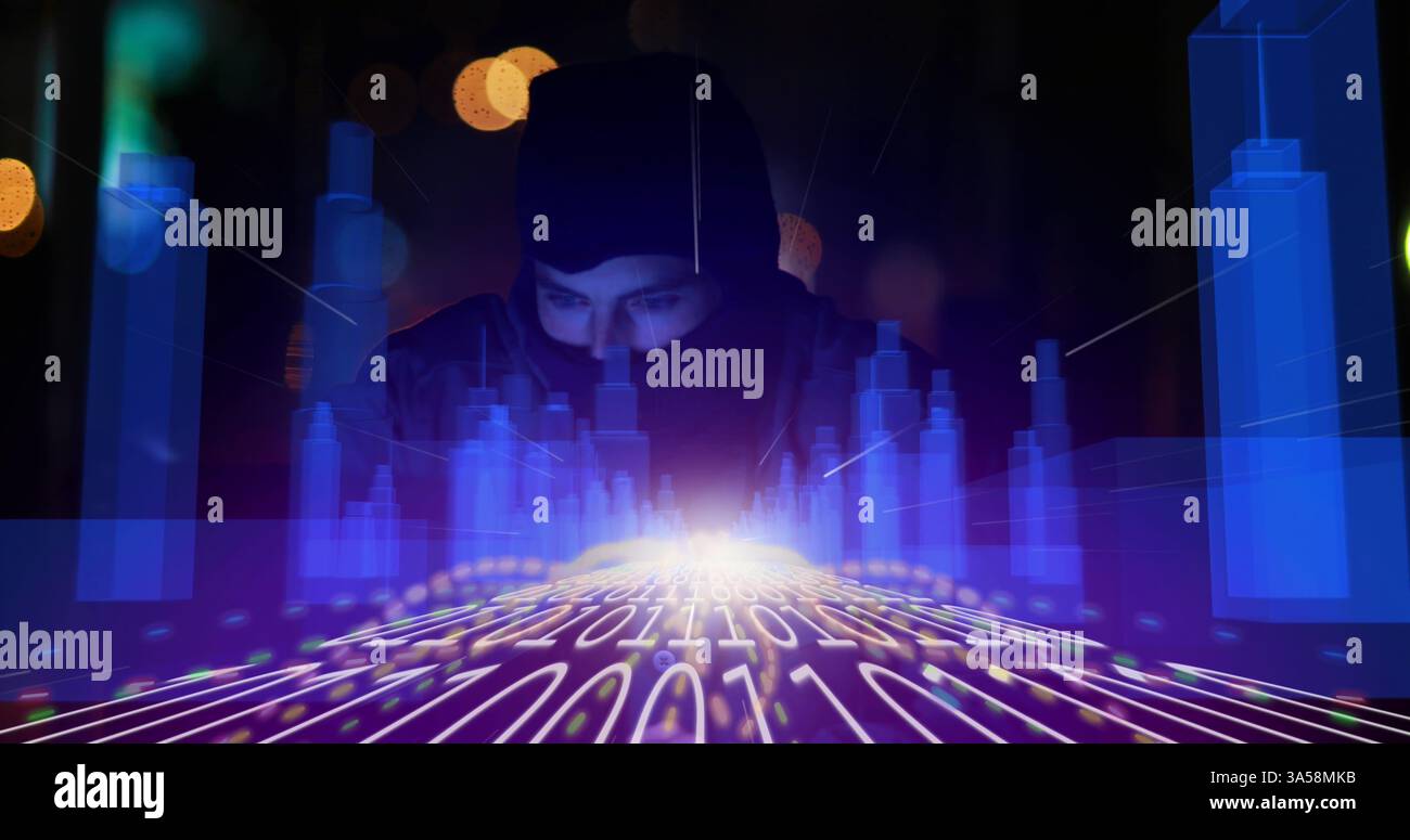 Hacker In Dark Room Surrounded By Digital Binary Code And Virtual