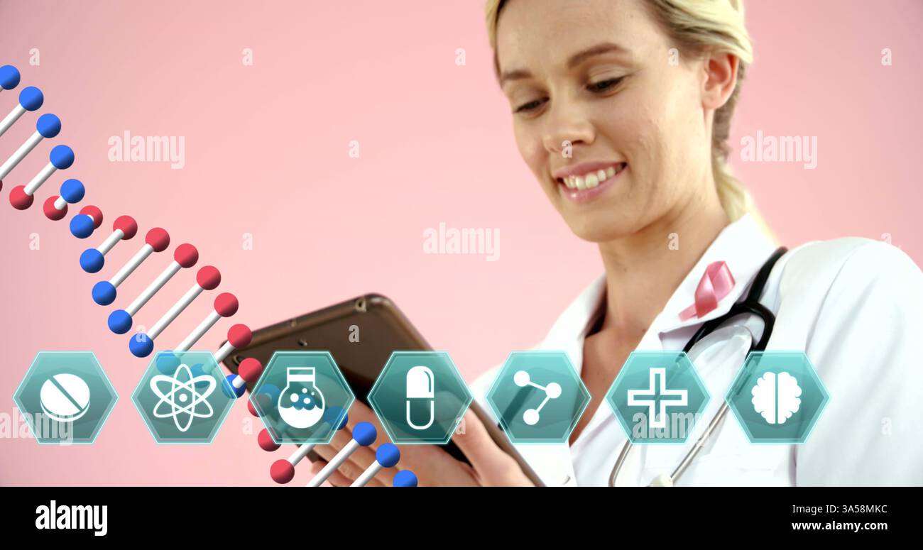 Healthcare professional using tablet with medical icons and DNA strand ...