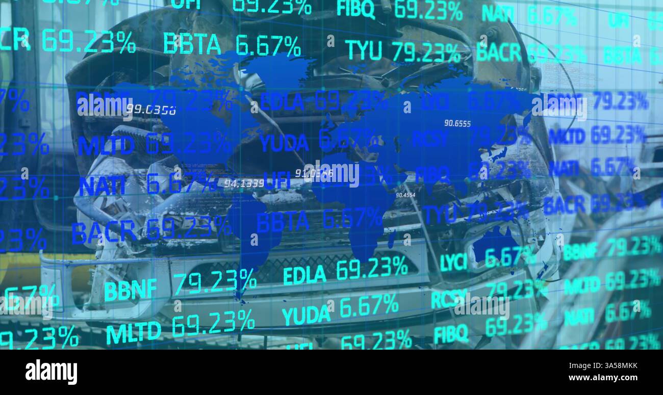 Digital stock market data overlaying car engine, symbolizing global ...