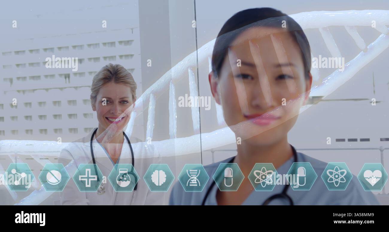 Medical professionals with stethoscopes smiling, DNA helix and health ...