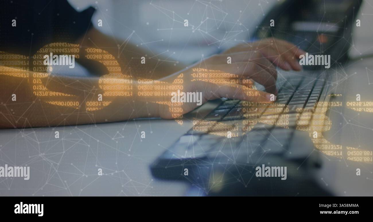 Hands typing on keyboard with digital data overlay, focusing on technology Stock Photo - Alamy
