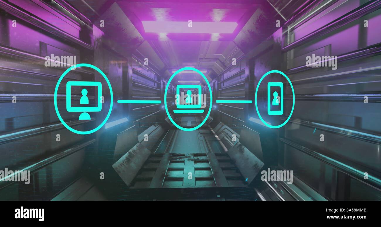 Futuristic digital interface with glowing icons connecting devices in ...