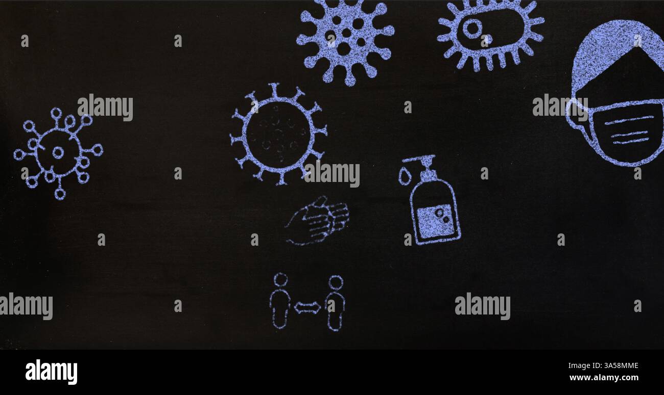 Chalkboard art illustrating health safety measures with virus icons and ...