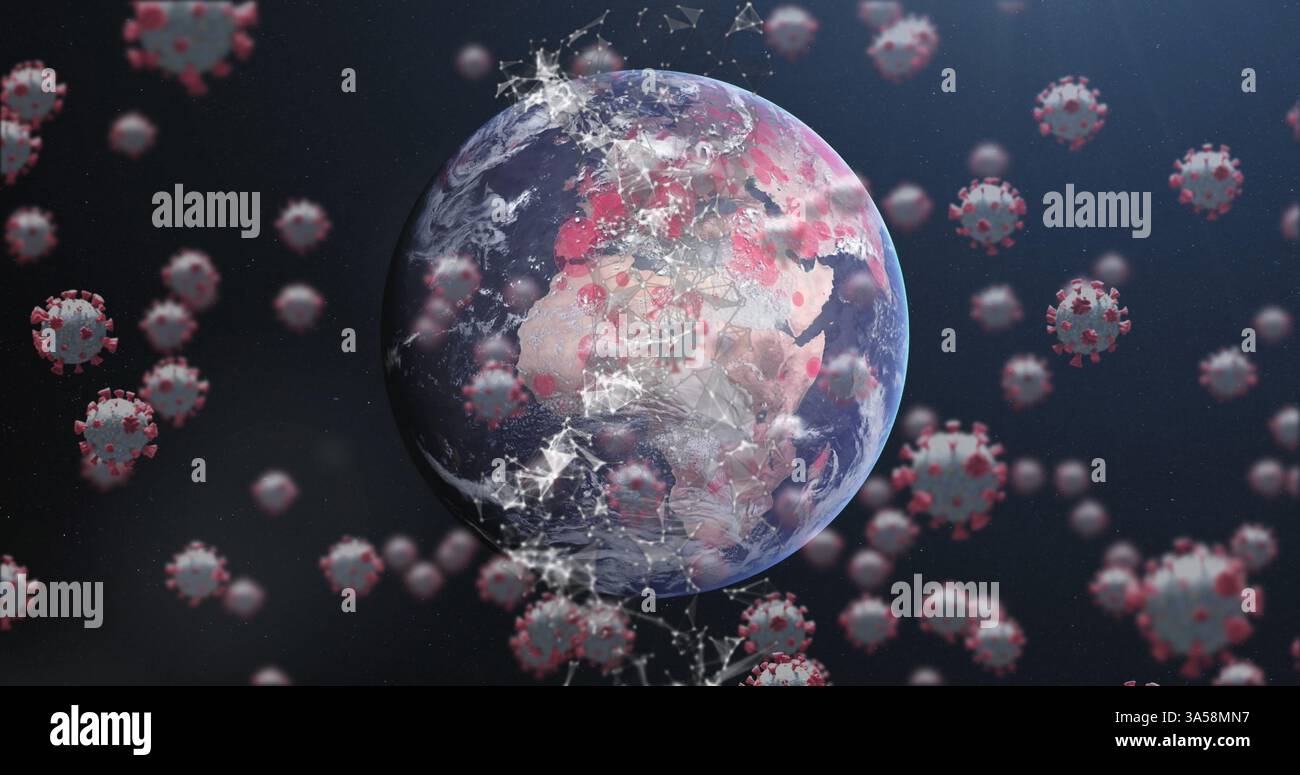 Image of dna strand spinning with cells, globe with continents turning ...