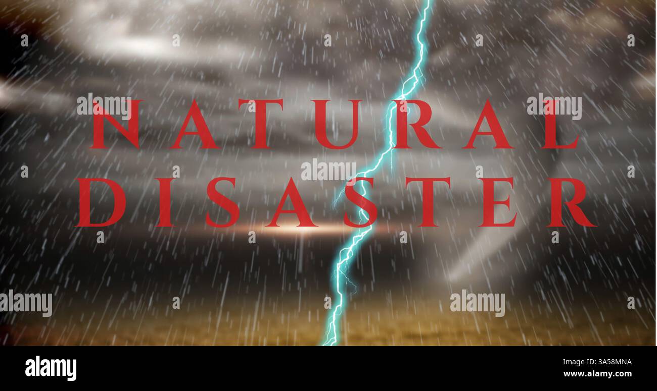 Lightning striking during intense storm with Natural Disaster text ...