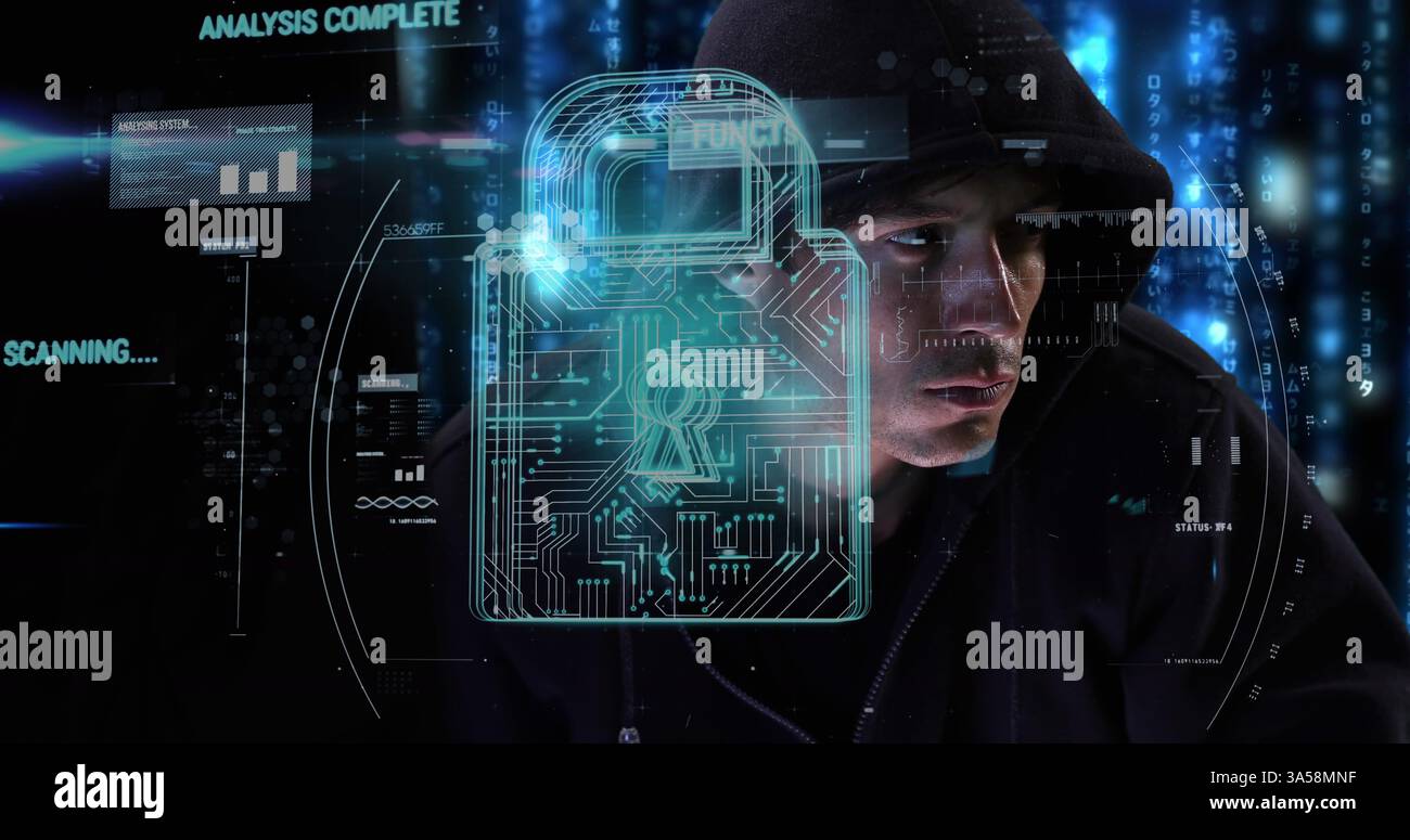 Hacker in hoodie surrounded by digital lock interface, focused on ...