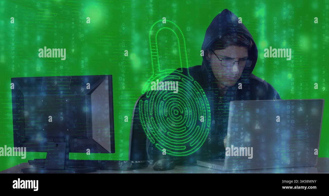 Hooded person using laptop with digital lock overlay, focusing on ...