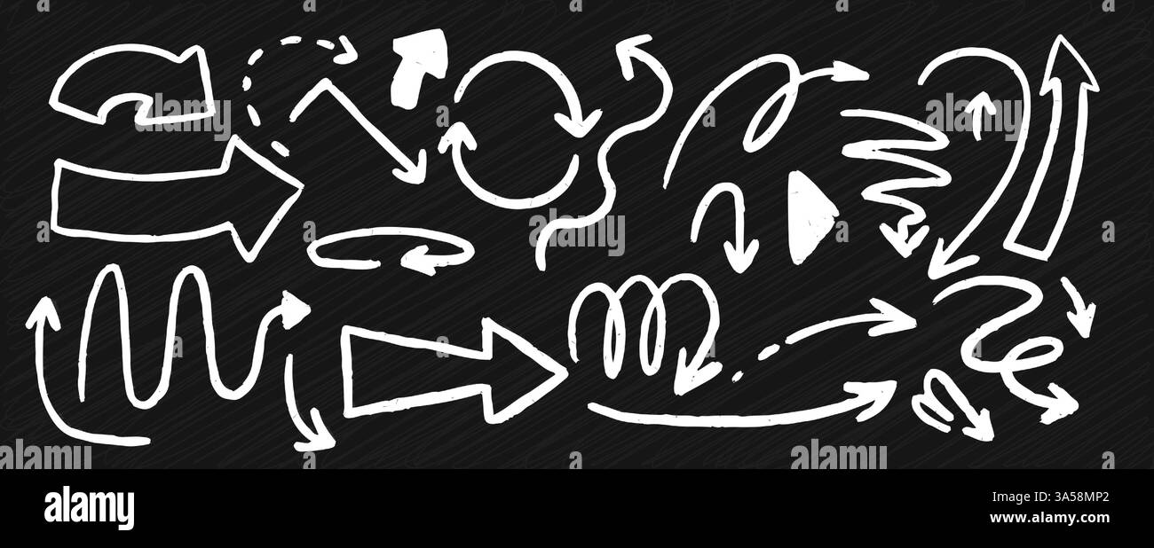 A set of different arrows drawn in chalk on a blackboard. Texture ...