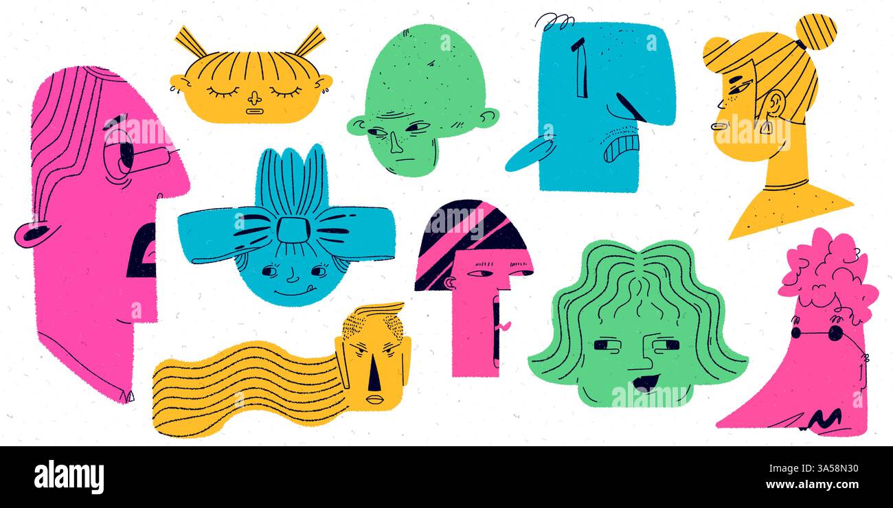 A set of strange faces. A variety of portraits caricature. Trendy ...