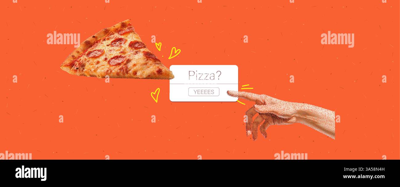 The hand reaches for the pizza with notification. A modern trendy ...