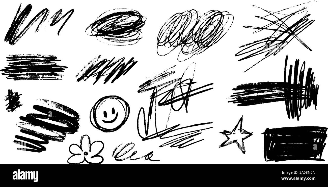 Vector punk art set featuring a messy flower and star scribble. Hand ...