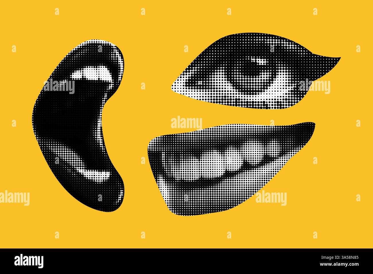 Punk quirky collage elements. Eyes and lips and ear in halftone ...