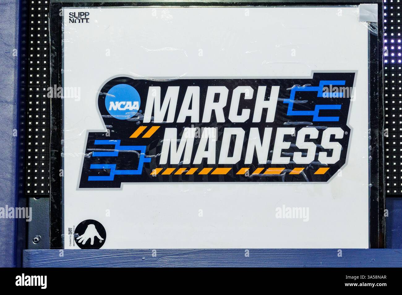 March Madness logo signage on dry erase board prior to a first-round ...