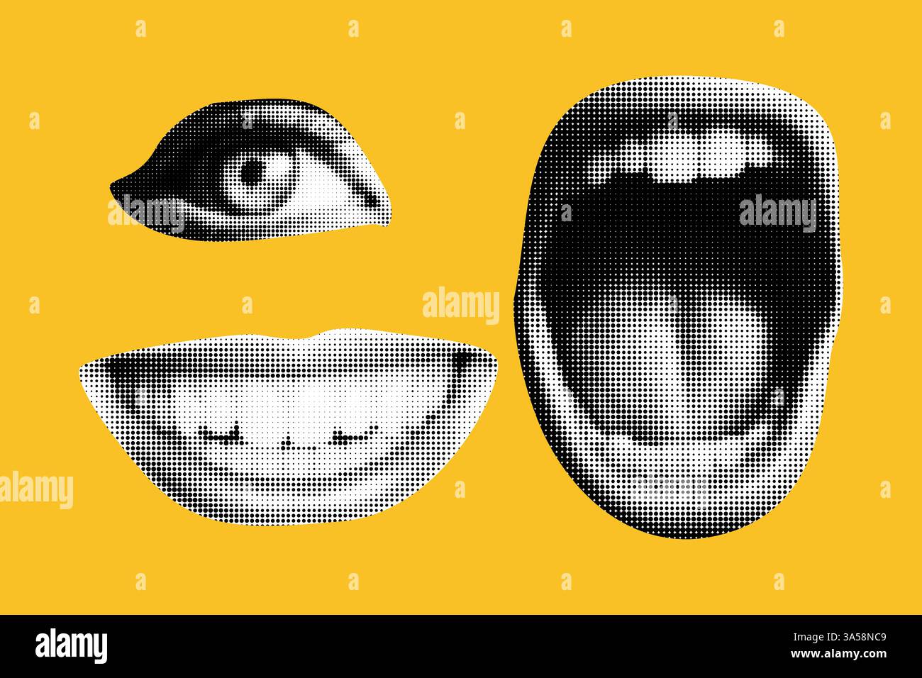 Punk quirky collage elements. Eyes and lips and ear in halftone ...