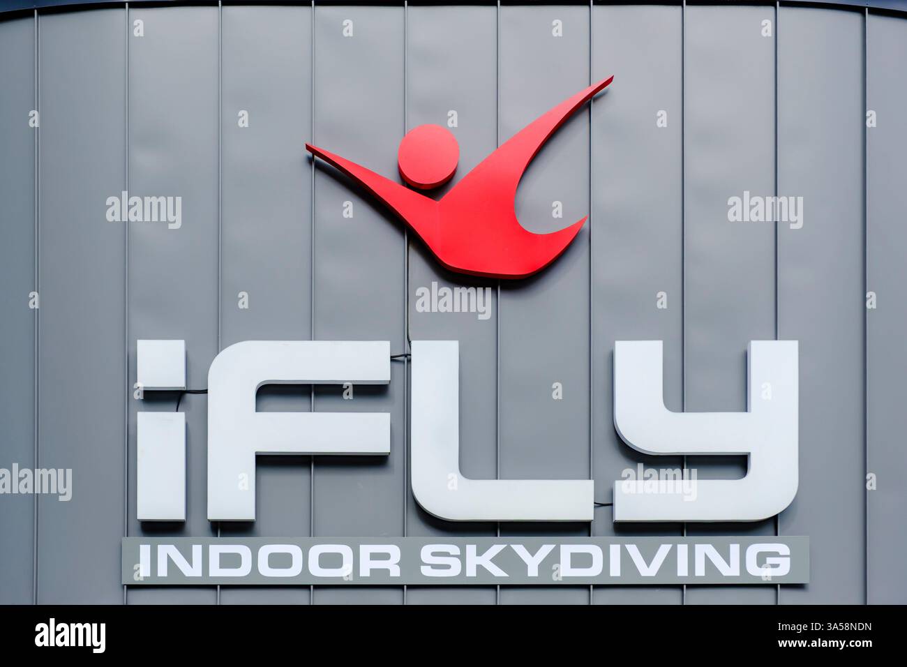 iFLY indoor skydiving logo, trade name, trademark, facade of the Queenstown location, New ...